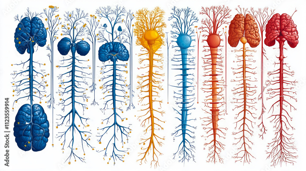 minimalist illustration depicts entire autonomic nervous system color coded pathways sympathetic ...