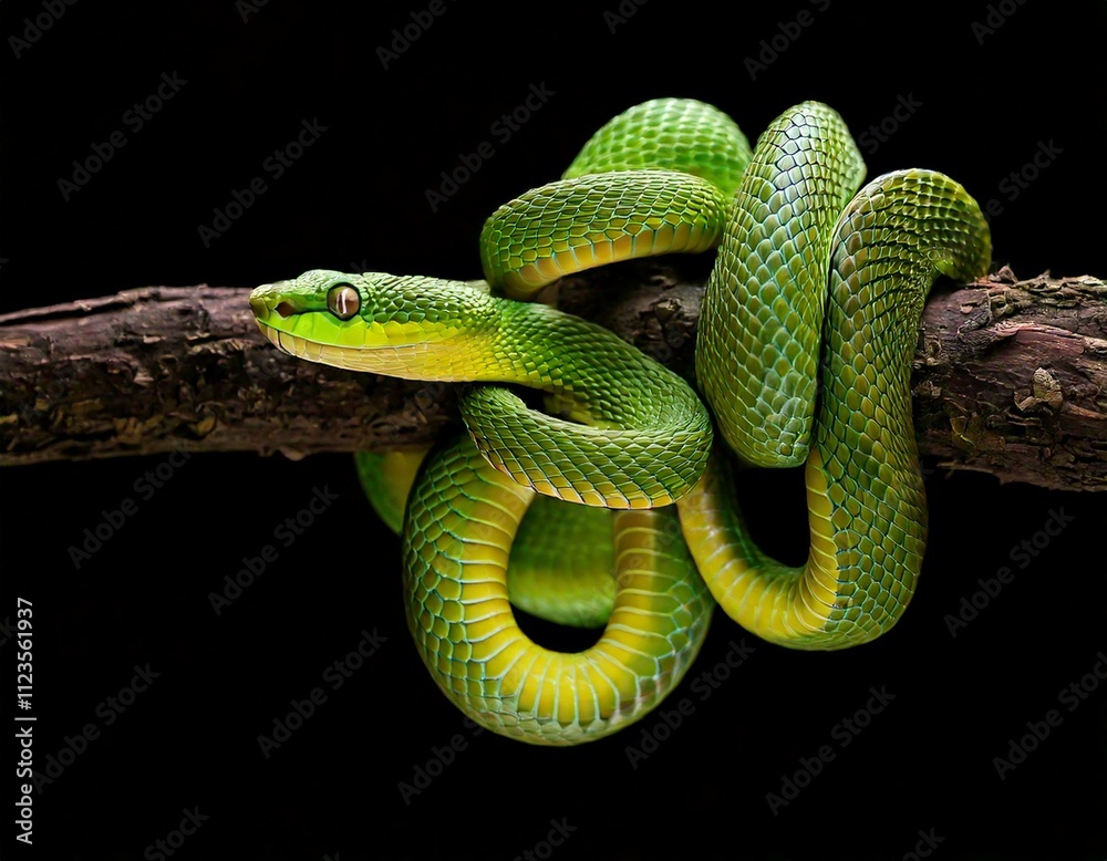 Poisonous green snake slithering above branch, vibrant green viper ...