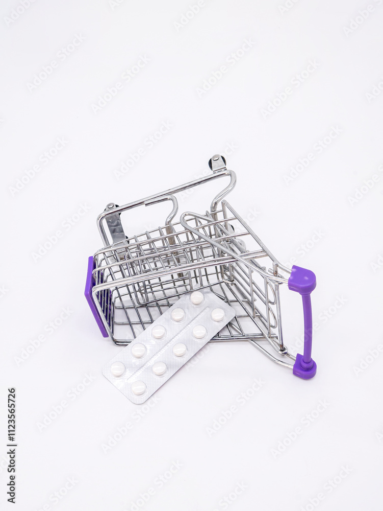 Iron consumer trolley with medicines on white background Stock ...