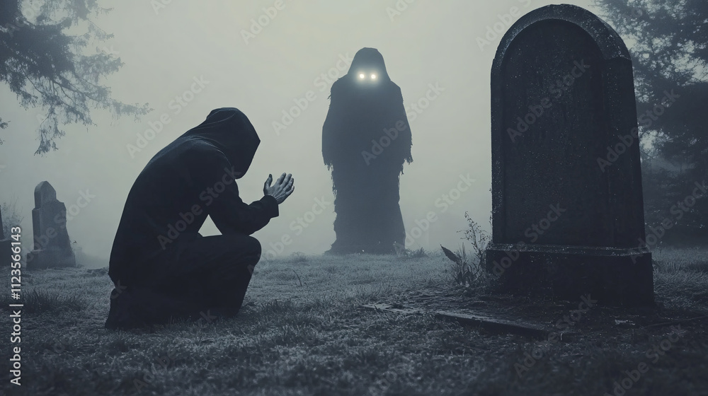 A graveyard cloaked in thick mist, where a pale figure kneels beside a ...