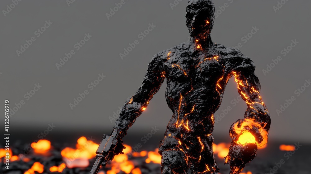 Molten humanoid figure composed of coal and fire, glowing intensely in ...