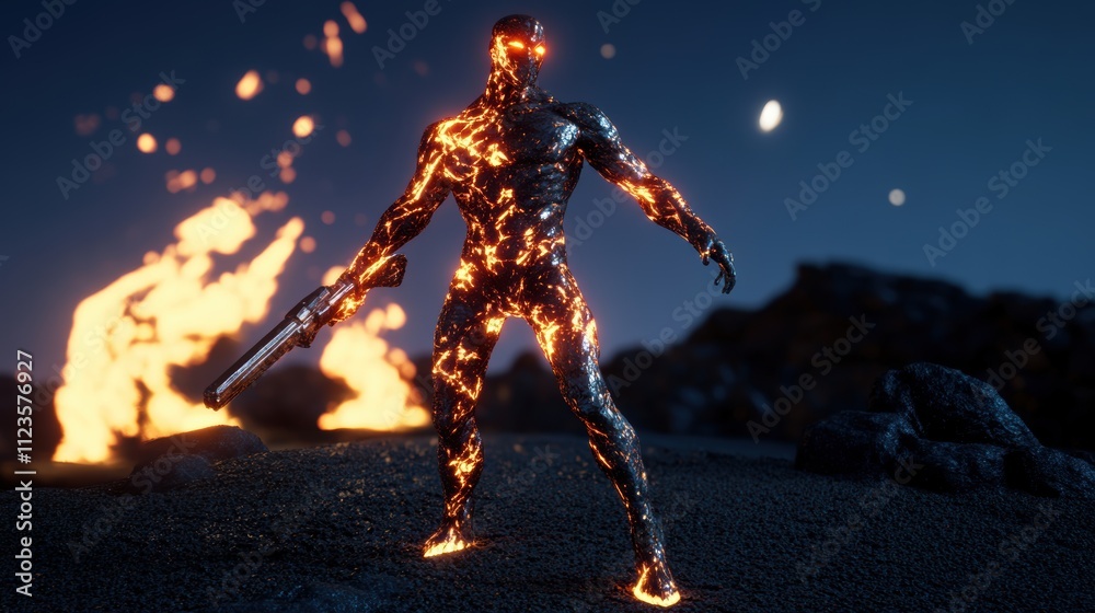 Molten humanoid figure composed of coal and fire, glowing intensely in ...