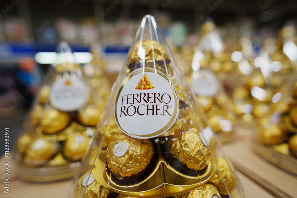Tyumen, Russia-November 02, 2024: Chocolate candies Ferrero Rocher ...