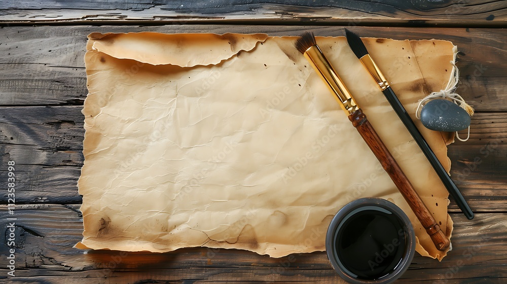 Traditional ink calligraphy set with brushes and inkstone blank ...