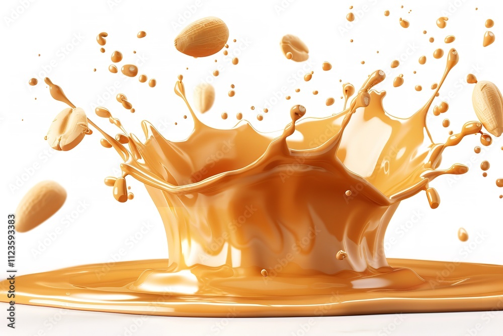 Peanuts strewn around a creamy peanut butter splash against a white ...