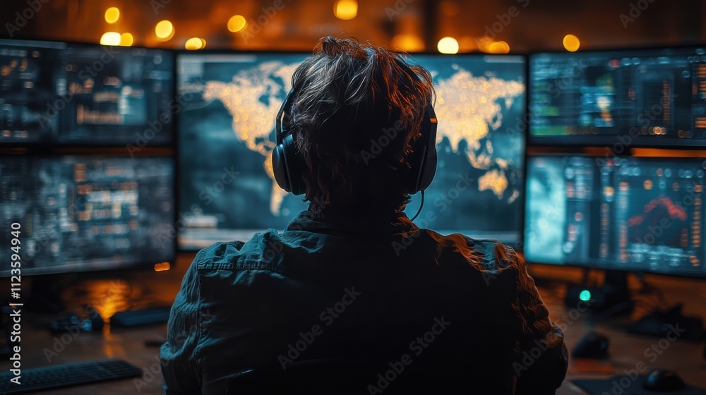 Man working in command center with glowing digital world map on ...
