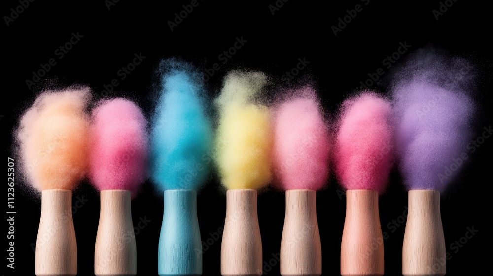 Colorful powder bursts emanate from wooden containers against a black ...
