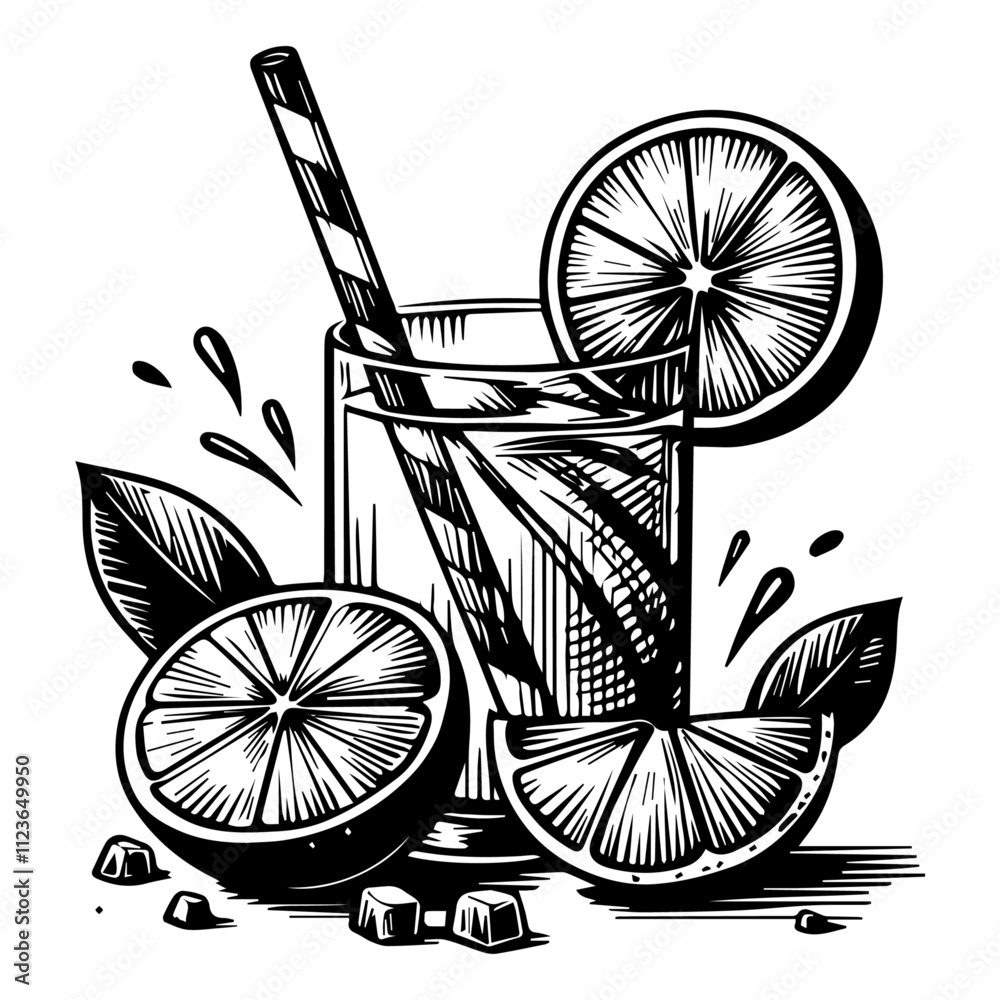 detailed drawing of fruit smoothie with exotic fruits and leaves ...