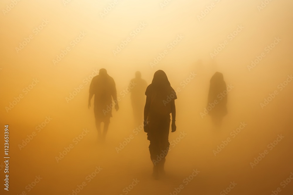 People walking through a dust storm in an arid region climate induced ...