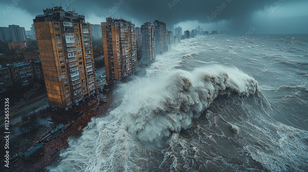 Buildings are pounded by waves, forming a landscape that looks ...