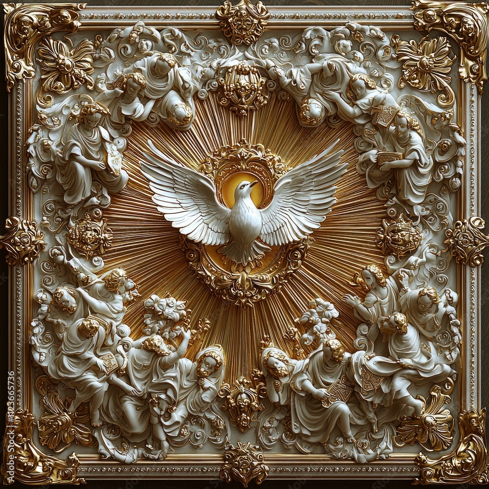 religious icon illustrates descent Holy Spirit as dove surrounded ...