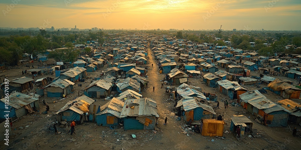 Densely packed tin-roofed homes fill the shanty town, showing the ...
