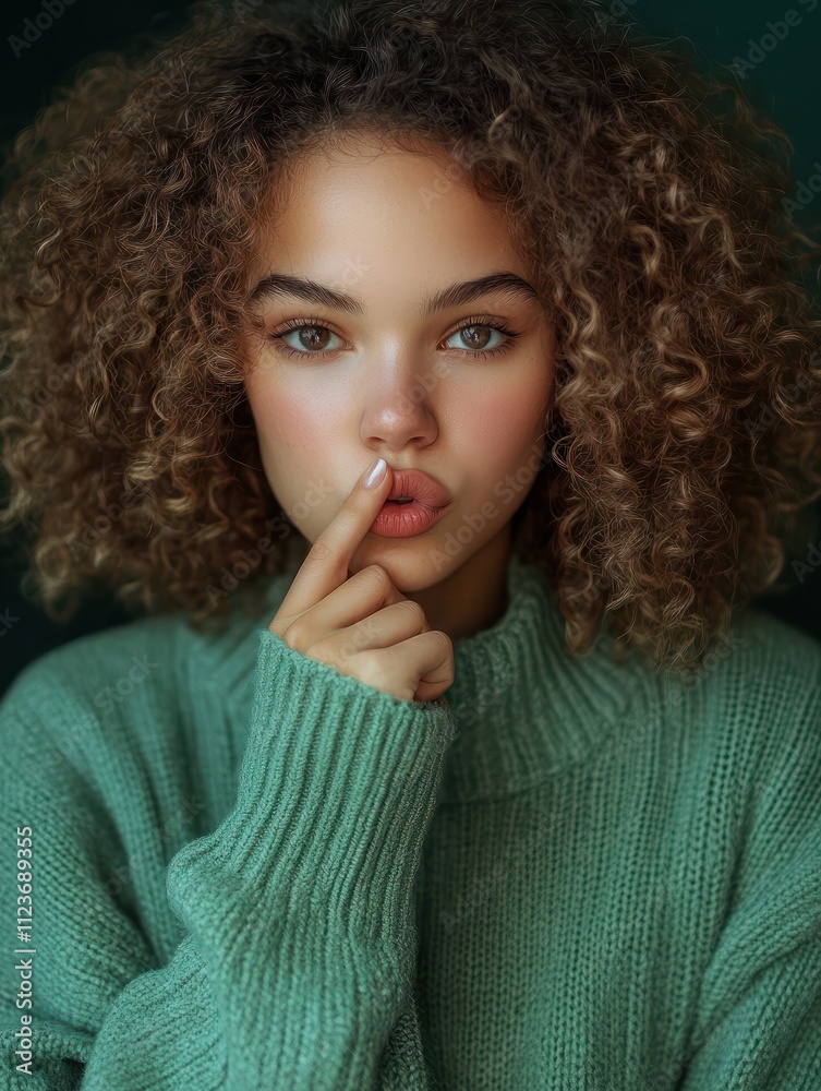 Mysterious curly woman zips mouth shut, tells secret, closes lips on ...