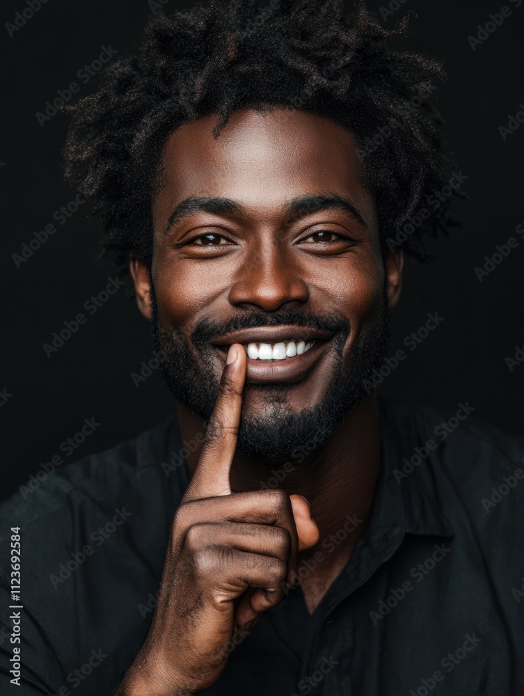 Portrait of man with bush hair having smile on his face holding index ...