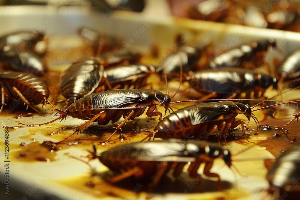 Cockroaches on a greasy stove in a cluttered kitchen with dirty dishes ...
