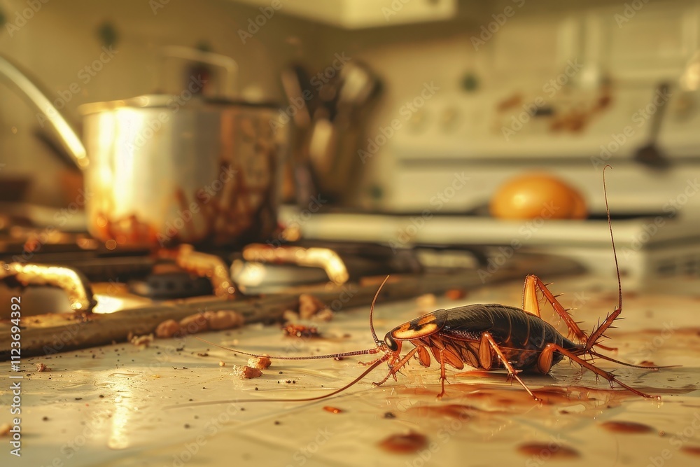 Cockroaches on a greasy stove in a cluttered kitchen with dirty dishes ...