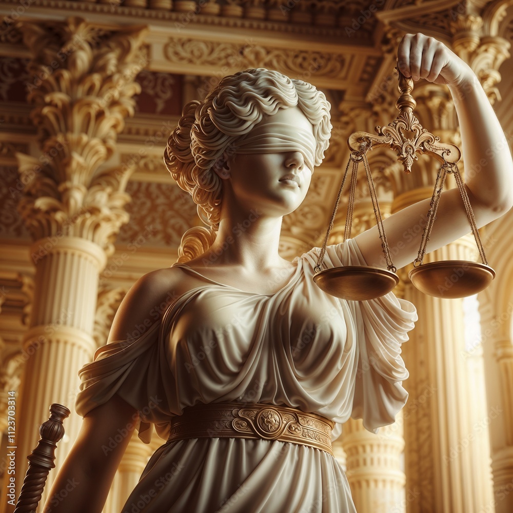 A majestic depiction of Themis, the Greek goddess of justice, as a ...