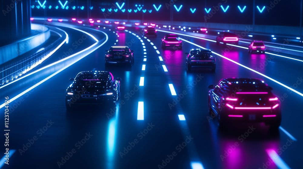 A smart highway with multiple lanes of autonomous vehicles, glowing ...