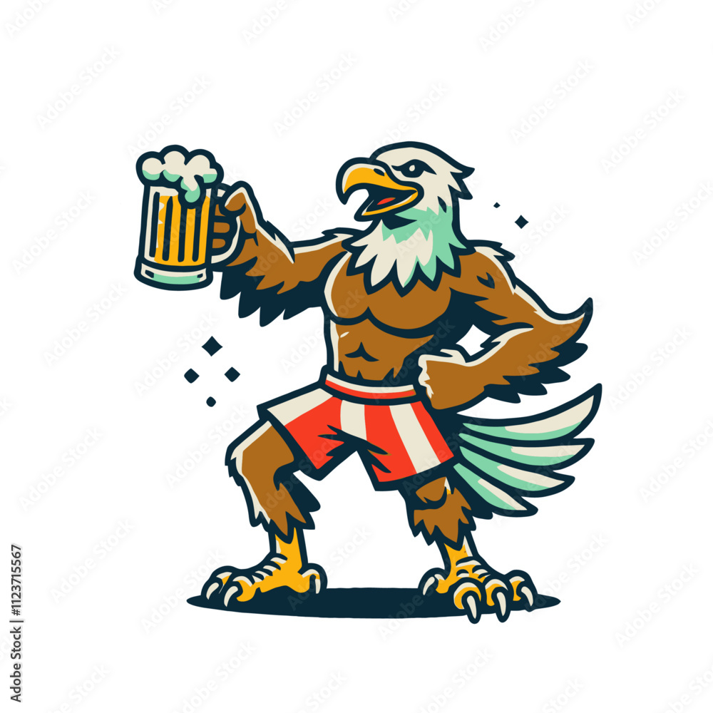 Vector de Stock Muscular eagle wearing shorts, holding a frothy beer ...