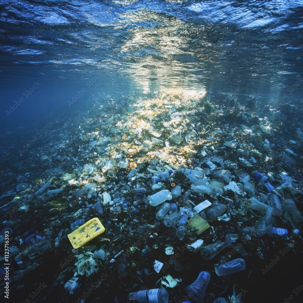 Plastic Pollution In Ocean - Underwater Shine With garbage Floating On ...