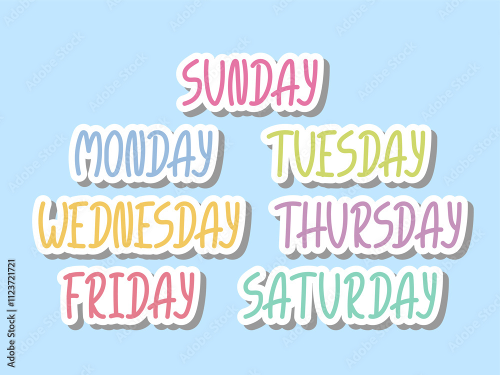 Days of the Week names Stickers set. Cute colorful Doodle Lettering ...
