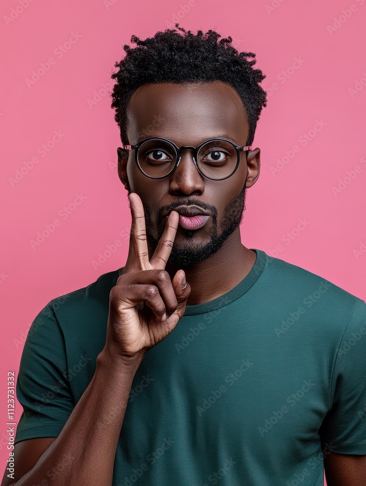 Secret man with dark skin, makes silence gesture, says: Hush, stop ...