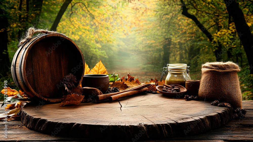 Wooden tabletop with forest glade background, honey. For product ...