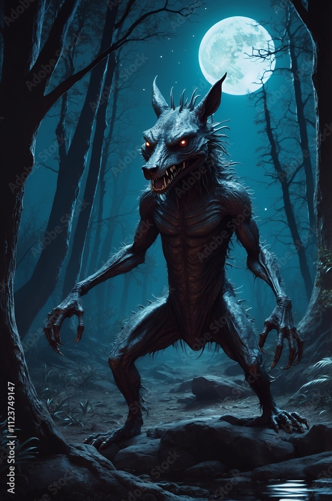 scary Chupacabra in the forest at night, mythical creature latin america folklore illustration ...