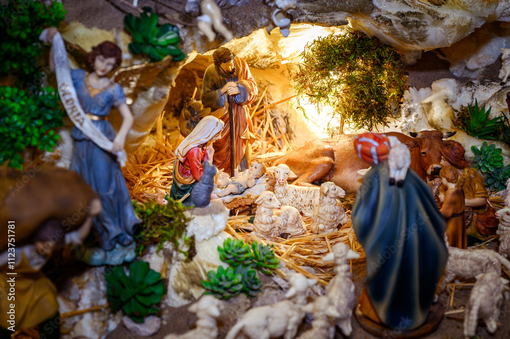 Nativity Scene with Baby Jesus, Mary, Joseph, and Shepherds Surrounded ...