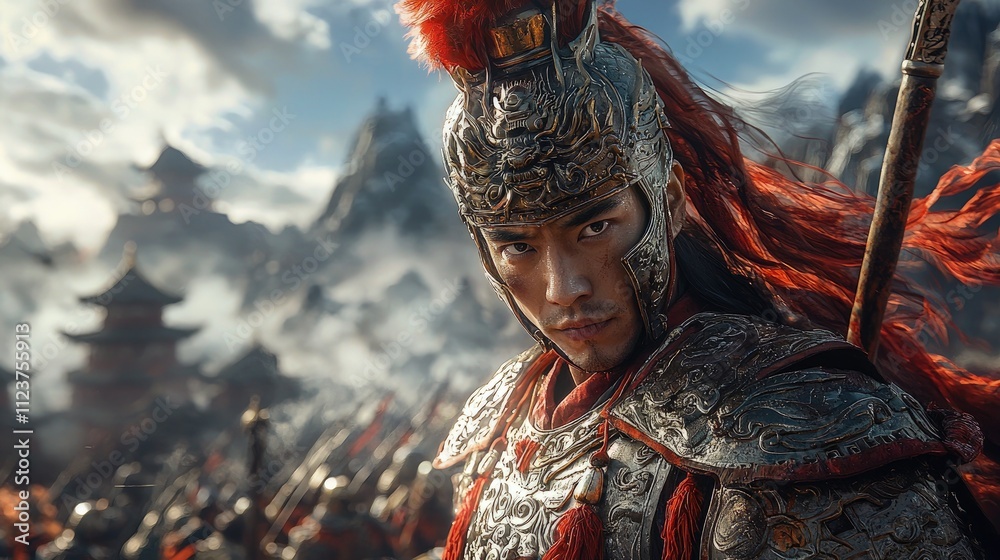 Warrior in ornate helmet and armor, intense gaze, mountains and army in ...