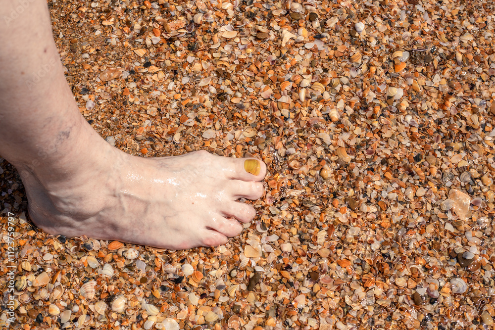 Old woman's foot with yellow big toe nail on sea sand with shells. Nail ...