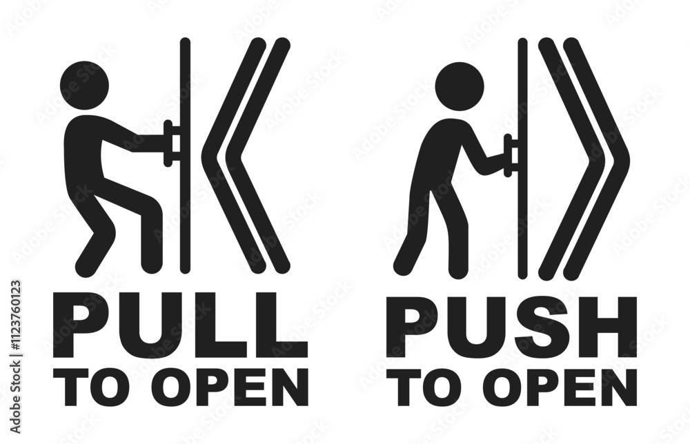 Pull or Push icons symbol. Open and close door symbol. Set of sign out ...