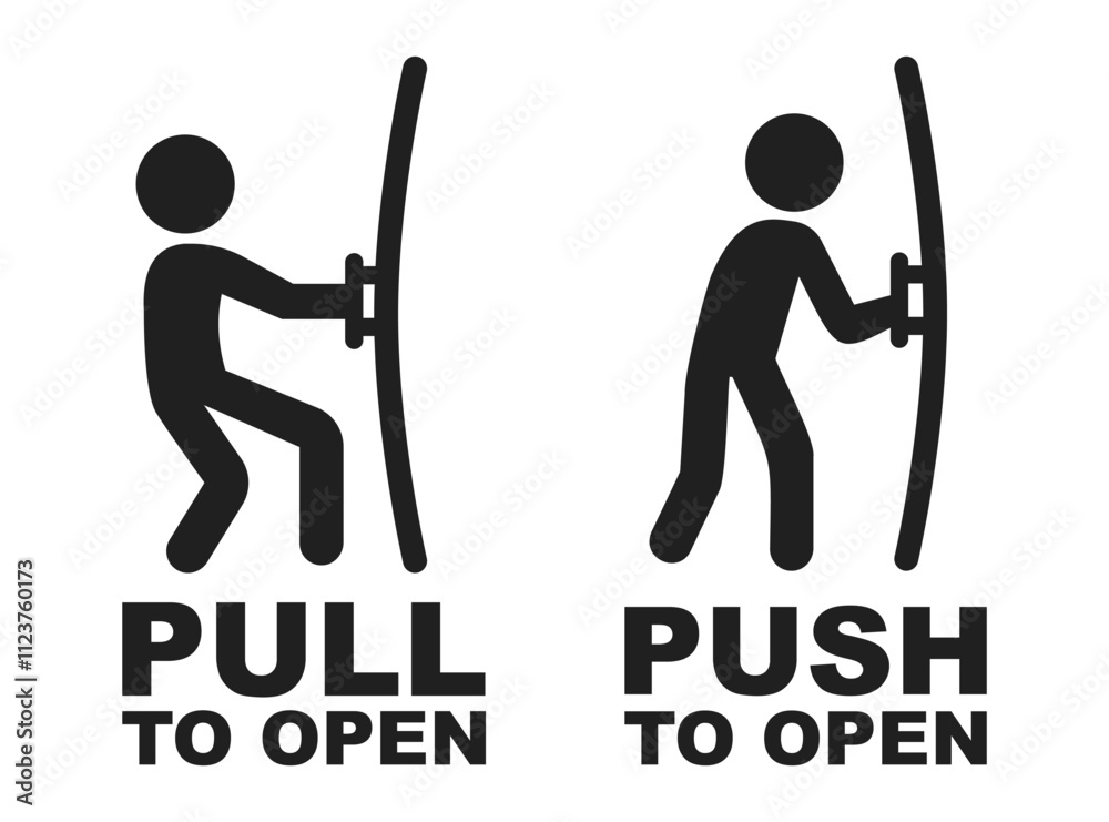 Pull or Push icons symbol. Open and close door symbol. Set of sign out ...