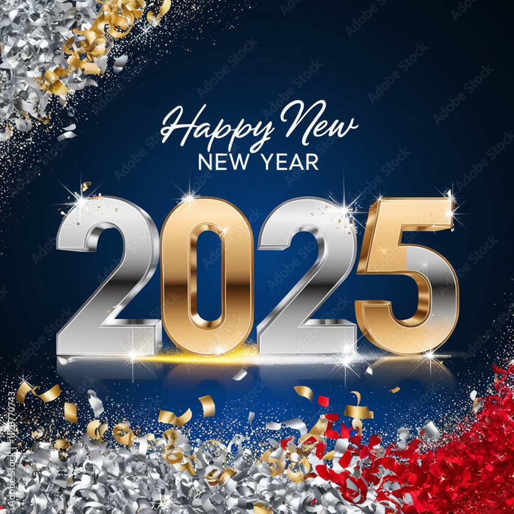 A bold, cursive golden "2025 Happy New Year" logo on a midnight blue ...