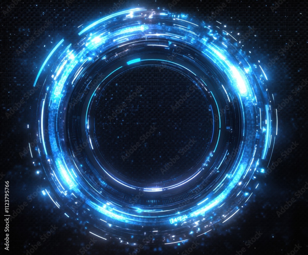 Futuristic glowing blue digital circle interface on dark background, abstract technology theme ...