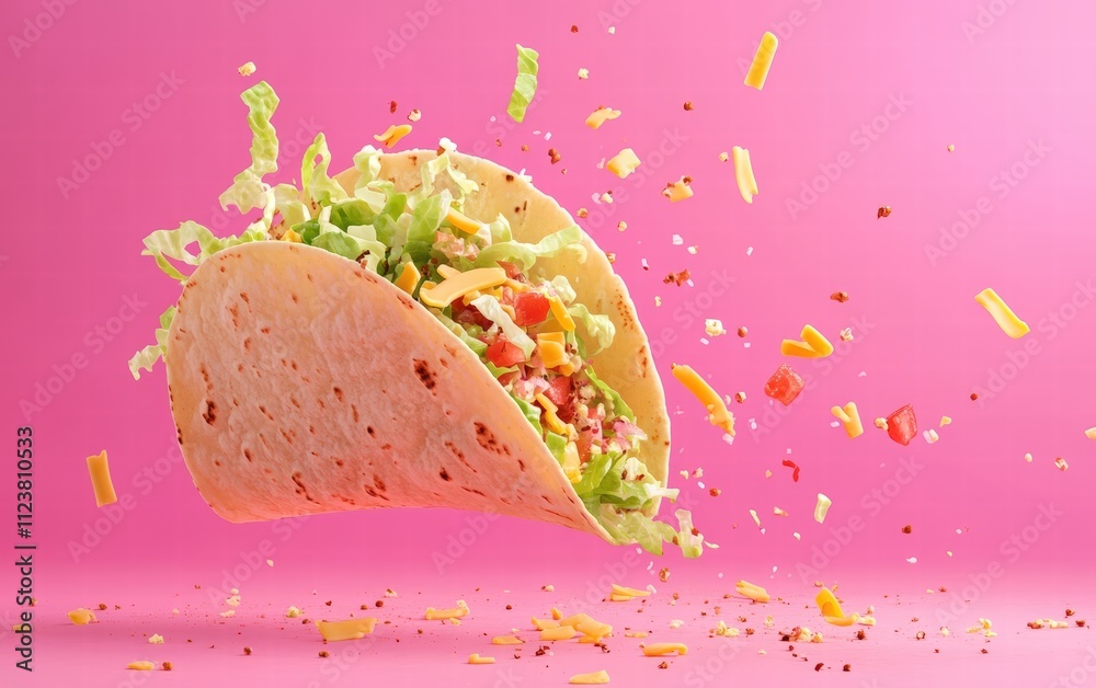 A taco with shredded lettuce, cheese, and salsa flying apart on a hot ...