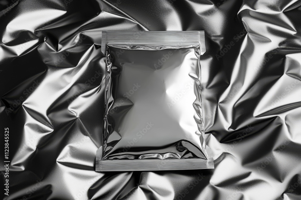 Sleek silver pouch resting on a crumpled metallic background. The ...