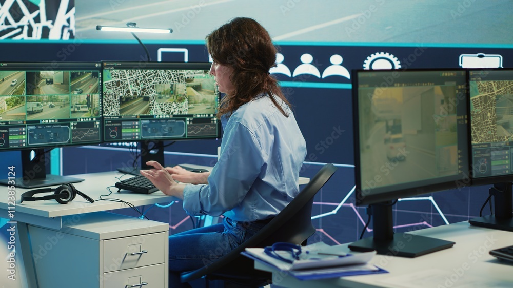 Monitoring room operator looking for routes on surveillance footage and ...