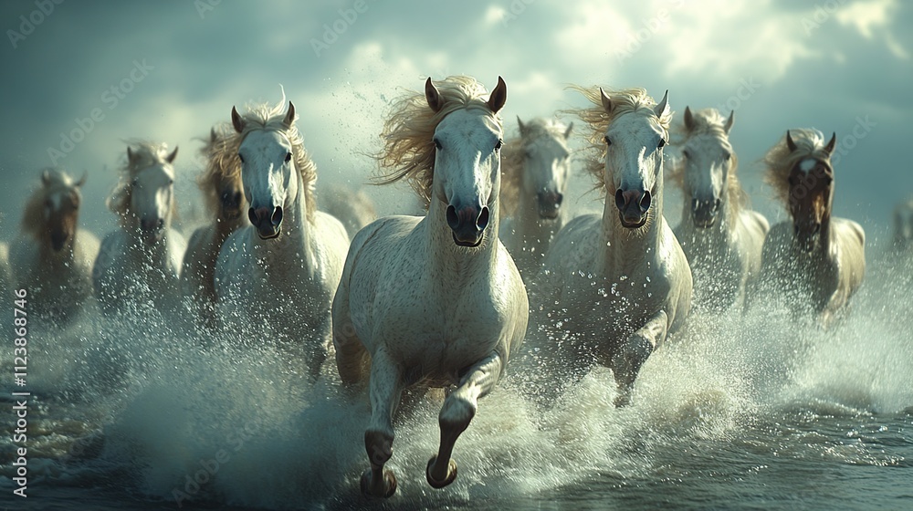 Majestic herd of white horses galloping through shallow water, creating ...