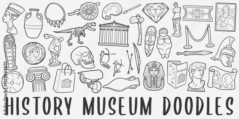 History Museum Doodle Icons Black and White Line Art. Archeology ...