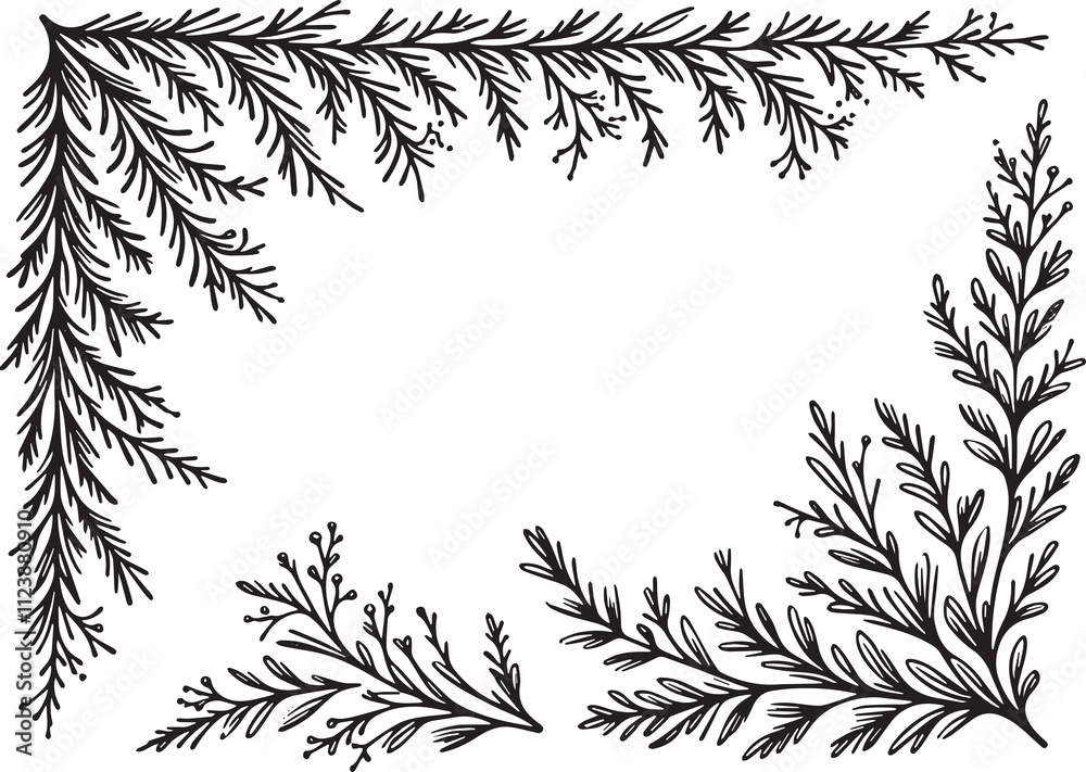 Yew branches in single line decoration drawing, corner border, black ...
