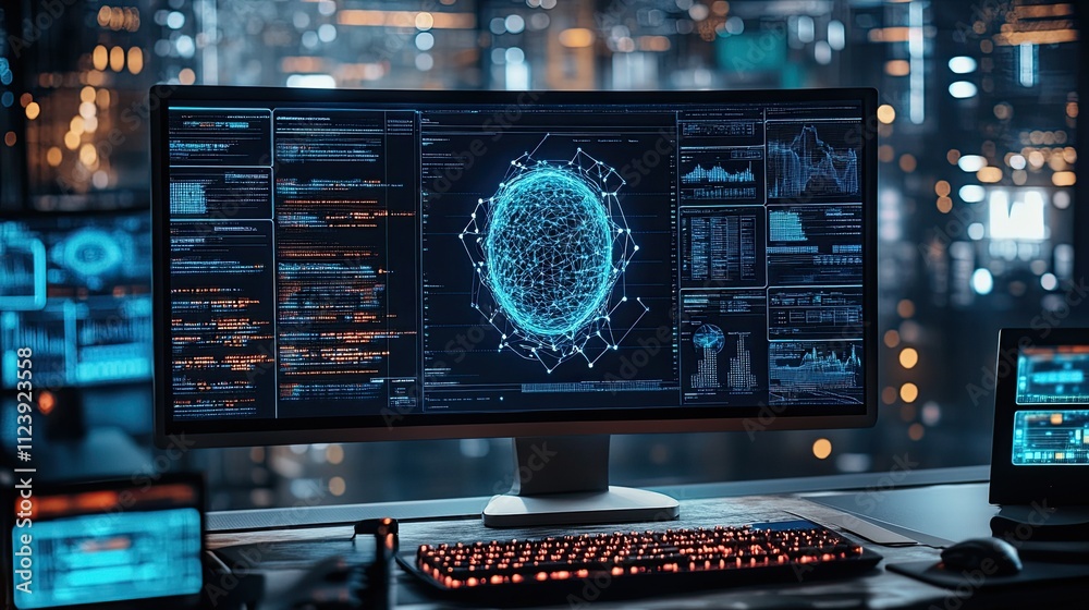 AI-powered big data and data analysis science. A computer and dashboard ...