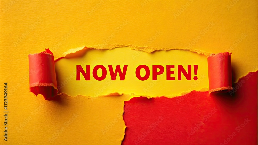 Minimalist Now Open Sign - Torn Paper Reveal - Yellow Background ...