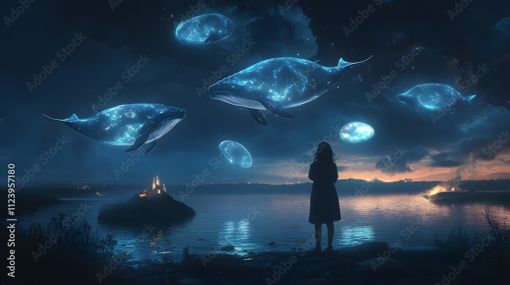 Enchanting Night Sky with Floating Whales and a Silhouetted Figure by ...