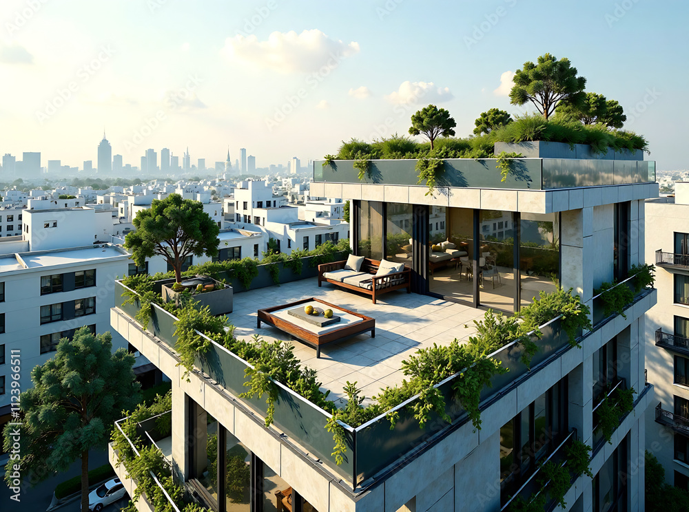 Rooftop garden flat design front view theme urban 3D Splitcomplementary ...