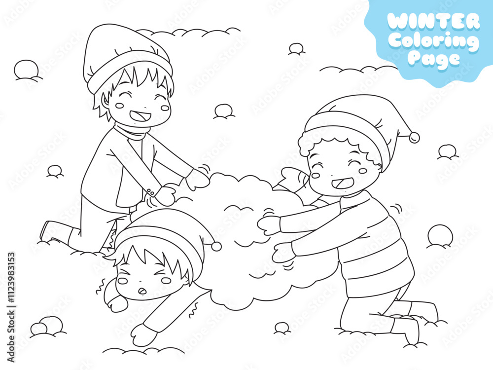 happy kids playing together on snowy winter day. Winter holiday ...