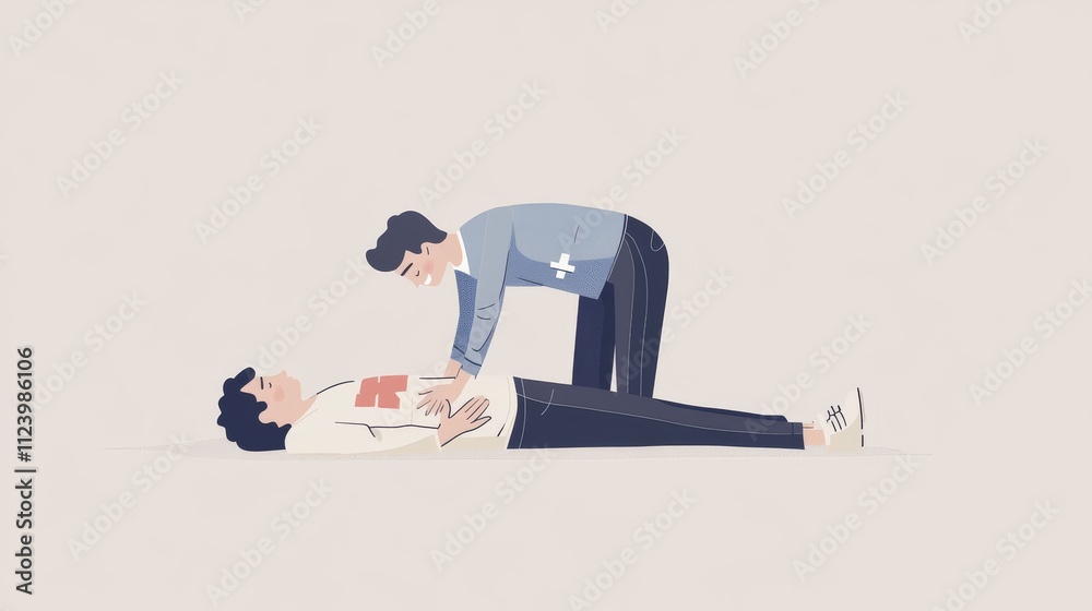 medical illustration of CPR procedure, person performing chest compressions on unconscious ...