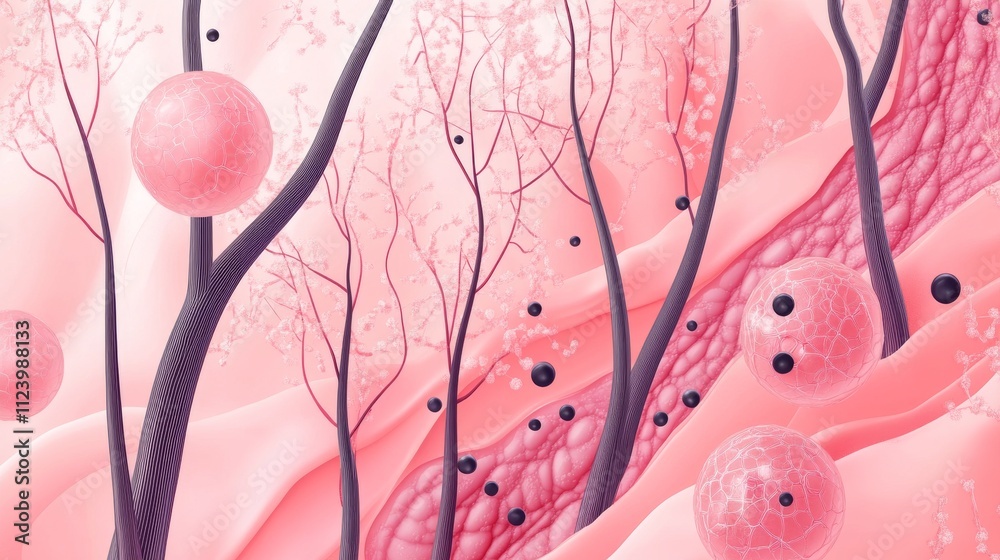 pink cross-section diagram of human skin layers, hair follicles with ...