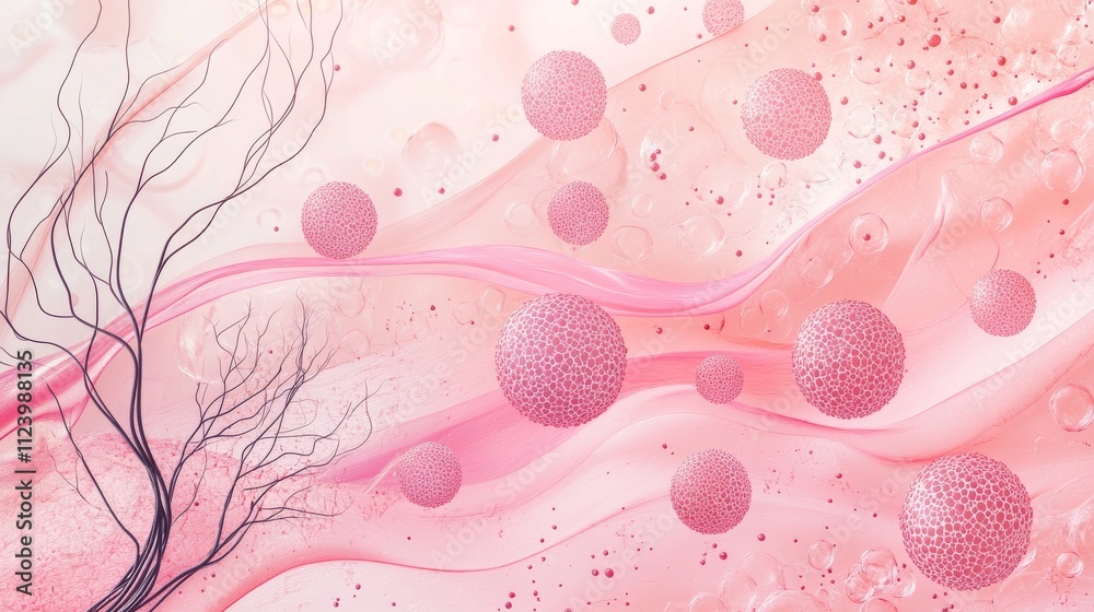 pink cross-section diagram of human skin layers, hair follicles with ...