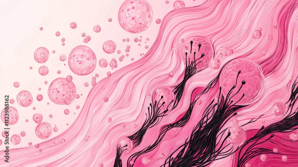 pink cross-section diagram of human skin layers, hair follicles with ...